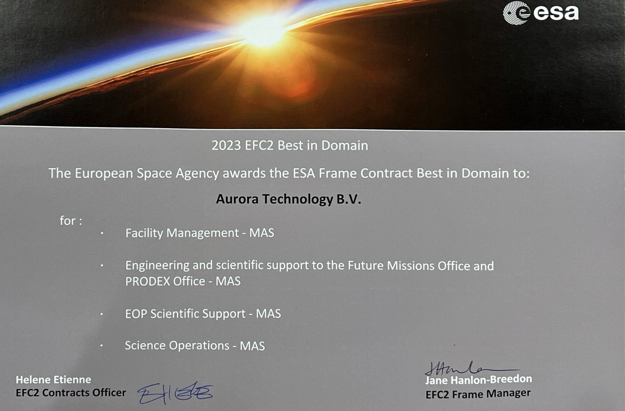 Best in ESA EFC2 Domains 2023 – Aurora Technology B.V.